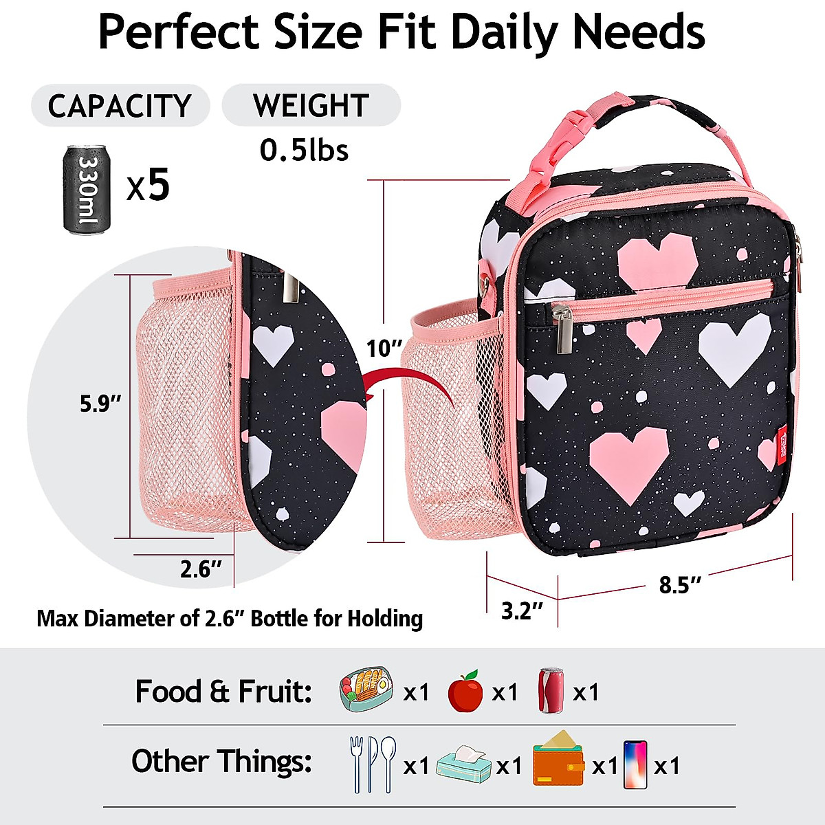 Lunch Box for Kids Girls Insulated Lunch Bag with Shoulder Strap and Pocket Pink Cute Lunch Cooler Thermal Meal Lunch Tote Bag for School Travel Outdoor, Rainbow Lunchbox, Practical Gif