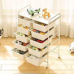 Ytaoka Rolling Cart with 10 Drawers, Plastic Drawer Cart with Metal Frame, Multipurpose Art Craft Cart Organizer with Wheels, Utility Cart with Drawers for Home, Office, School, White