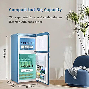AXUTL Retro Mini Fridge Refrigerator with Freezer Bedroom Dorm Blue 3.5 Cu.ft Compact Small for RV Apartment 2-Door Design