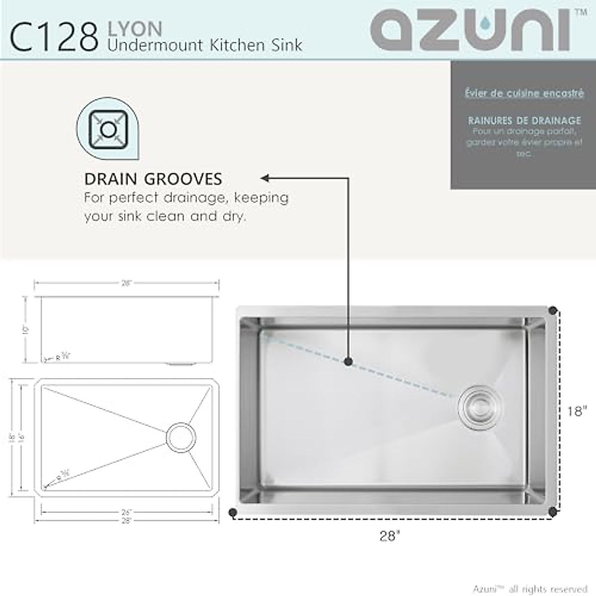 AZUNI 28 inch x 18 inch Single Bowl Undermount 16 Gauge Reversible Deep Stainless Steel Kitchen Sink with Bottom Grid and Luxury Basket Strainer, C128