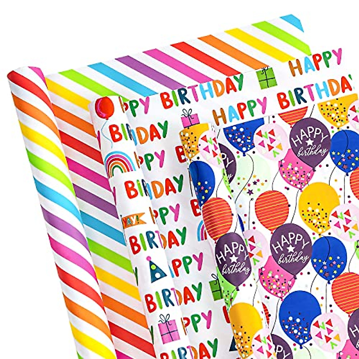 WRAPAHOLIC Birthday Wrapping Paper Roll - Mini Roll - 3 Rolls - 17 Inch X 120 Inch Per Roll - Colorful Balloons, Stripes, Happy Birthday for Party, Celebration, Baby Shower