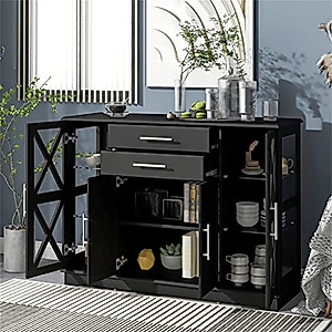 SEASD Functional Sideboard with Tempered Glass Large Storage Space Adjustable Shelf Buffet (White/Black)