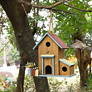 2in1Bird House&Bird Feeder,Bird Houses for Outside,3 Hole Bird House for Outside/Indoors/Hanging,Wooden Birdhouses,Handmade Natural Bird House for Garden/Courtyard/Backyard Decor,Large Bird Houses.