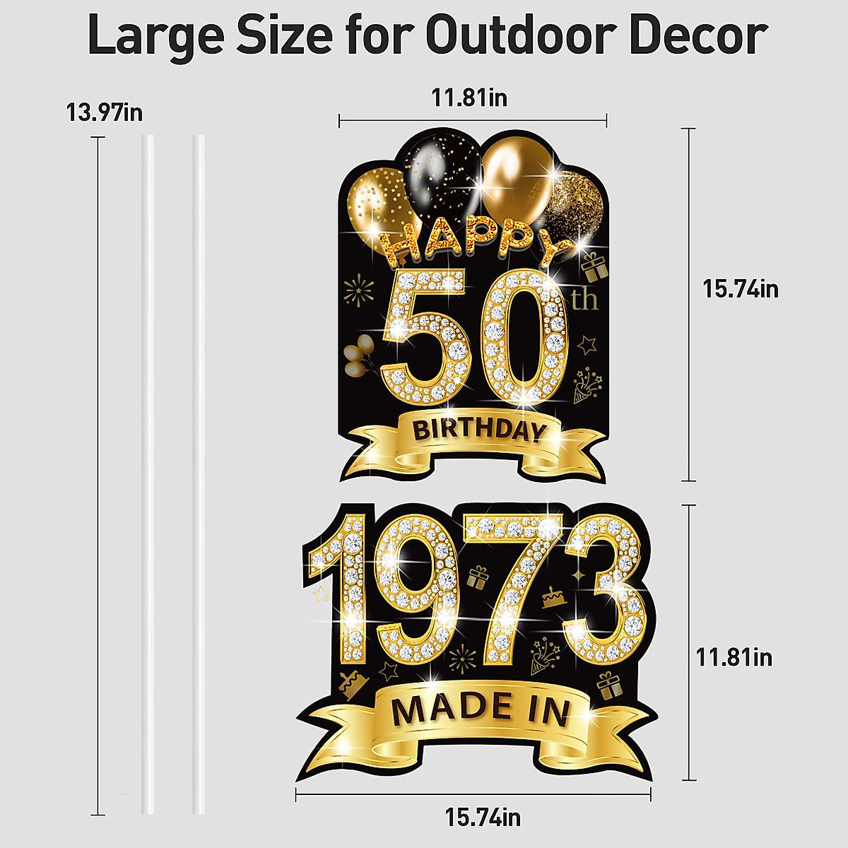 2Pcs 50th Birthday Yard Sign Decorations with Stakes, Large Size 16'' Black Gold Happy 50th Birthday Made in 1973 Waterproof Outdoor Lawn Signs Decor for Men Women Birthday Party Supplies