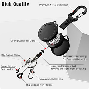 ELV Heavy Duty Retractable ID Badge Holder Key Reel with Adjustable Neck Lanyard, Zinc Alloy Carabiner, Key Ring, ID Badge Strap, 2 Pen Holders and Lobster Clip, 32” Dyneema Cord, Hold Up to 15 Keys