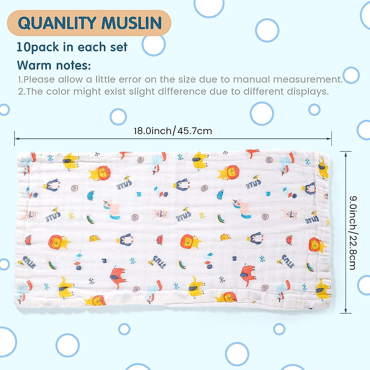 10 Pieces Baby Burp Cloth 10 x 20 inches 6 Layer Soft Absorbent Muslin Newborn Towel for Baby Shower Machine Washable, for Sensitive Skin Baby (Animal Pattern)