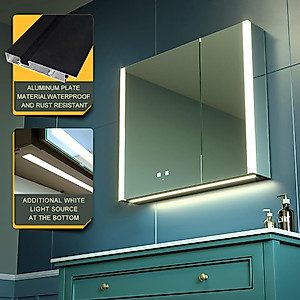 KWW LED Bathroom Mirror Cabinet with Socket & USBs, Defogger, Dimmable, 3 Color Light Makeup Mirror, Easy to Install, Wall Mounted Medicine Cabinet (32 x 28 Inch)