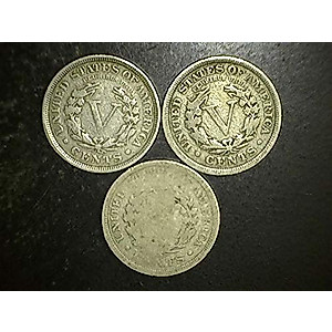 1883 No Mint Mark to 1912 5c US Liberty Head (Barber) Nickels - Set of 3 Coins - All FULL LIBERTY - 3 Different Dates Fine and Better