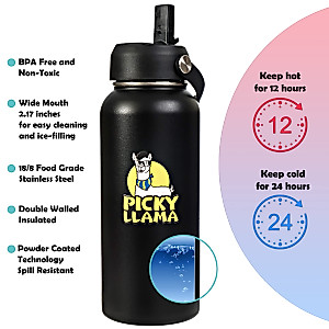 Picky Llama Sports Water Bottle - 32oz, 2 Lids (Straw & Spout), Paracord Handle, Leak Proof, Vacuum Insulated Stainless Steel, Double Walled, 24 Hours Cold, 12 Hours Hot, Reusable (32oz, Black)