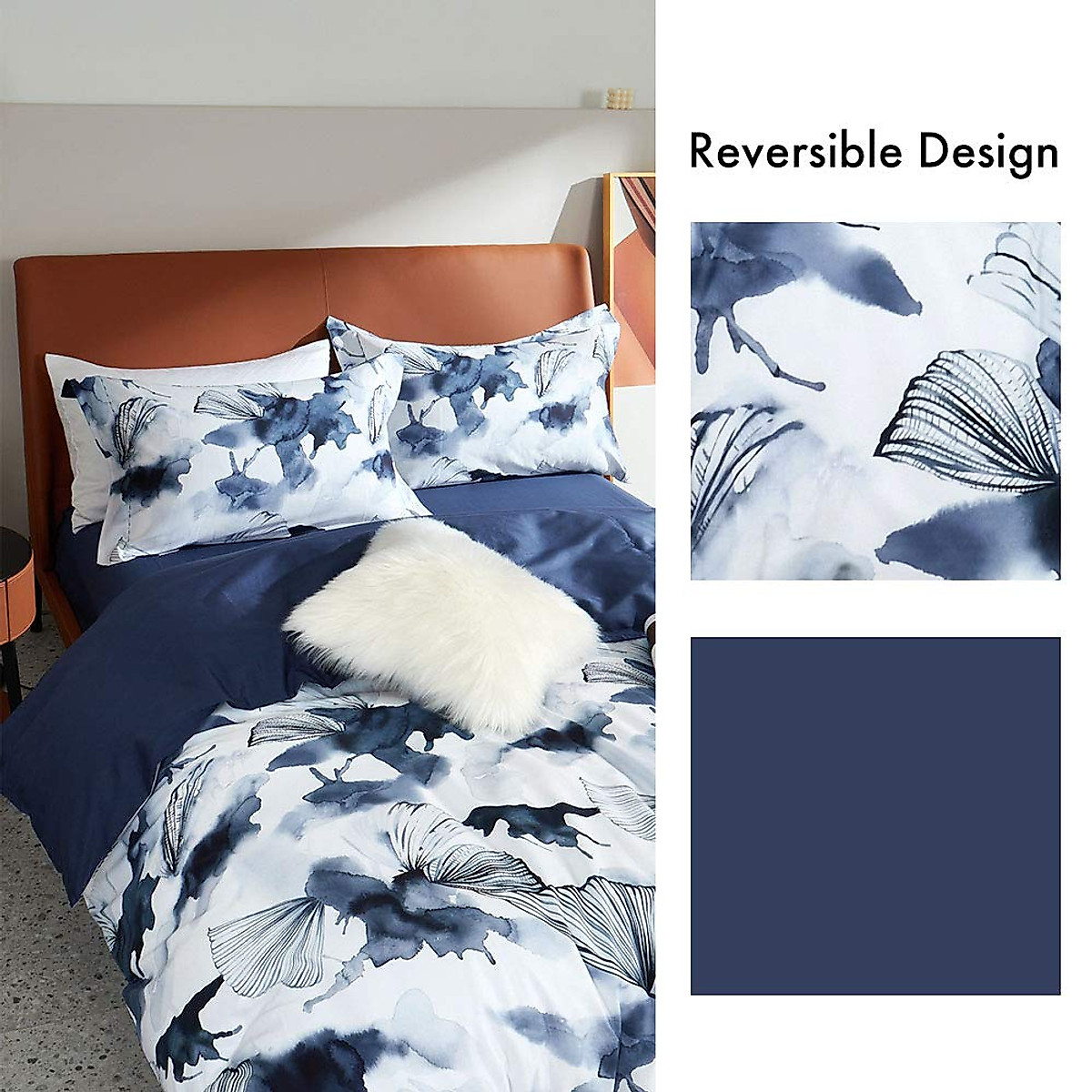 Mildly 100% Long Staple Cotton Duvet Cover Set Dark Blue Ginkgo Leaf Watercolor Comforter Cover Set