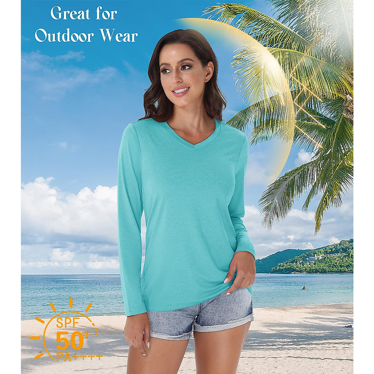 EKLENTSON Women Long Sleeve Workout Shirts UV Protection Shirt V-Neck Active Tops Casual Sports T-shirts Quick Dry Activewear Shirt Light Green