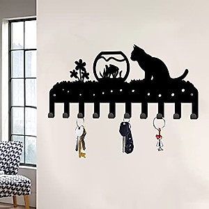 ORIGACH Keys Holder Wall Mounted Big The Cat and Fish Key Hooks for Wall Decorative, Iron Key Rack with 10 Hooks for Front Door Entryway Home and Kitchen, 10 Inches
