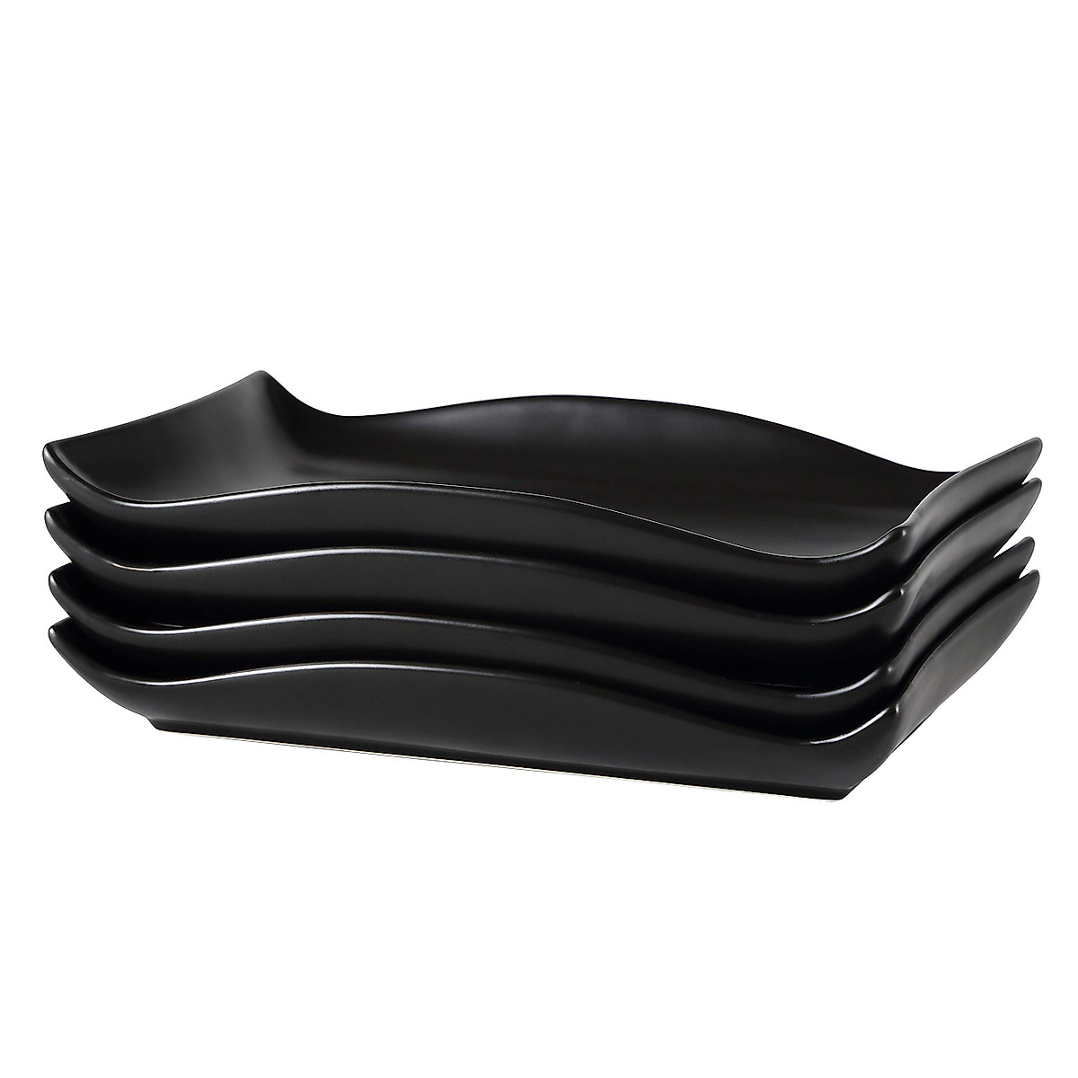Bruntmor Appetizer Plate Set of 4 Elegant Matte 10"x7" Rectangular Curvy Ceramic Restaurant Christmas Platter | Serving Inner Fluted Dessert Salad Plates, Christmas eve - Black.