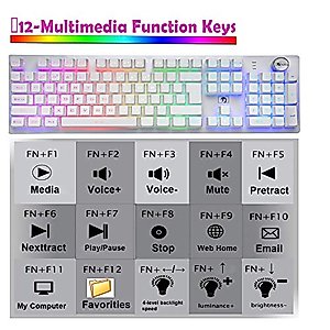 Wireless Rechargeable Keyboard and Mouse Combo,2.4G Full-Size Mechanical Feel Rainbow Backlit Gaming Keyboards with 7-Key 2400DPl Mice for PC Laptop Computer Gamer(White&RGB Light)