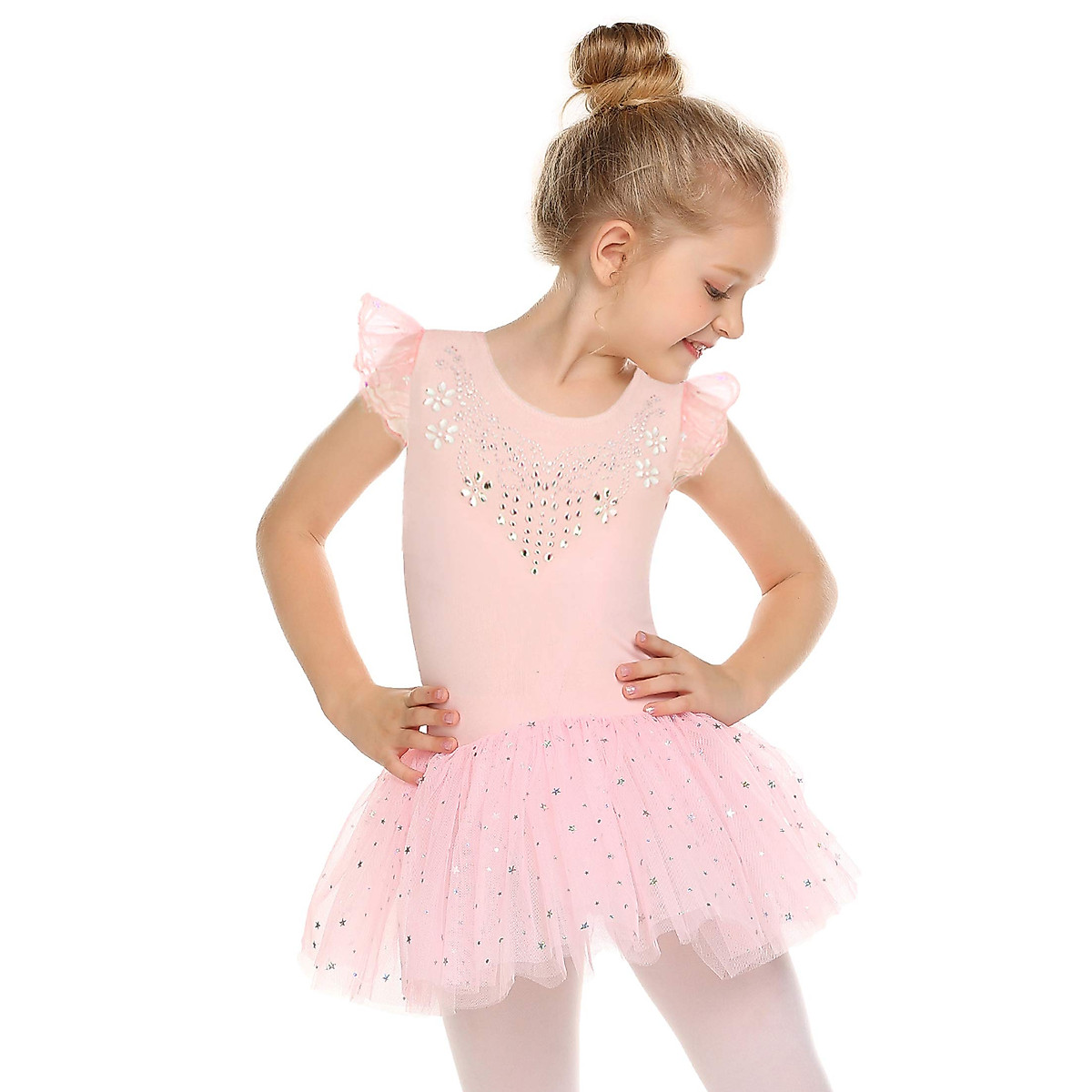 Zaclotre Kid Girls Ruffle Sleeve Ballet Skirted Leotard Shiny Dance Tutu Dresses