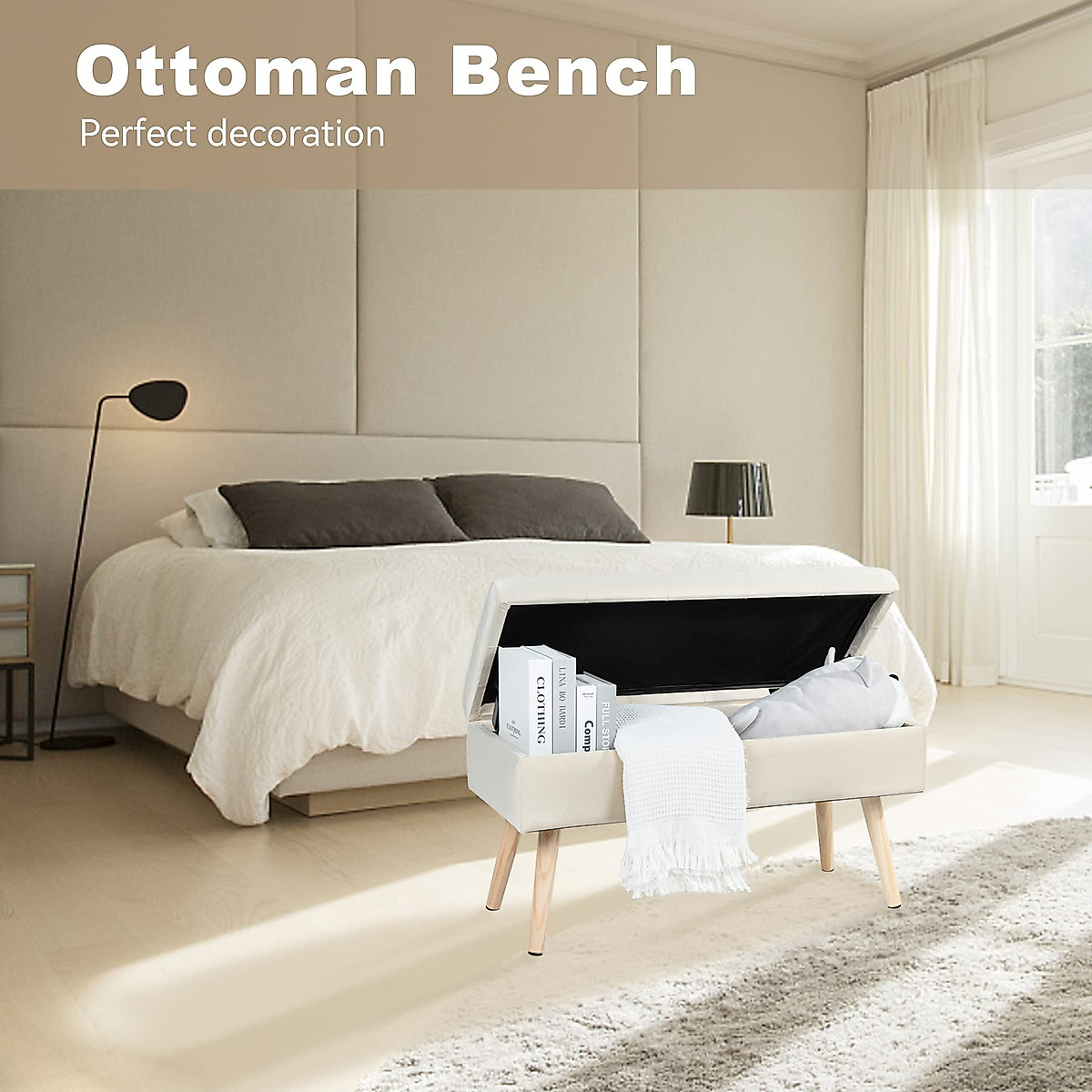 Nalupatio Storage Ottoman, Upholstered Fabric Ottoman with Safety Hinge, Padded Rectangular Footstool, Bench for Living Room & Bedroom (White)