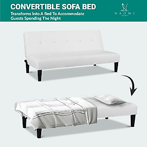 Naomi Home White Faux Leather Convertible Futon Sofa Bed, Button Tufted, 3 Positions, Small Couch Bed with Wooden Legs, 58 lbs, 500 lbs Capacity