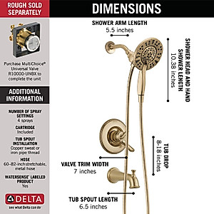 Delta Faucet Linden 17 Series Dual-Function Tub and Shower Trim Kit, Shower Faucet with 4-Spray In2ition 2-in-1 Dual Hand Held Shower Head with Hose, Champagne Bronze T17494-CZ-I (Valve Not Included)