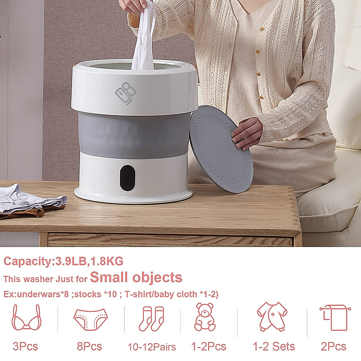 MOYU Portable Washing Machine For Small objects Such As Underwears Socks Baby Clothes, Folding Washer with 3.9LB/1.8KG Capacity (100V/240V) (White)
