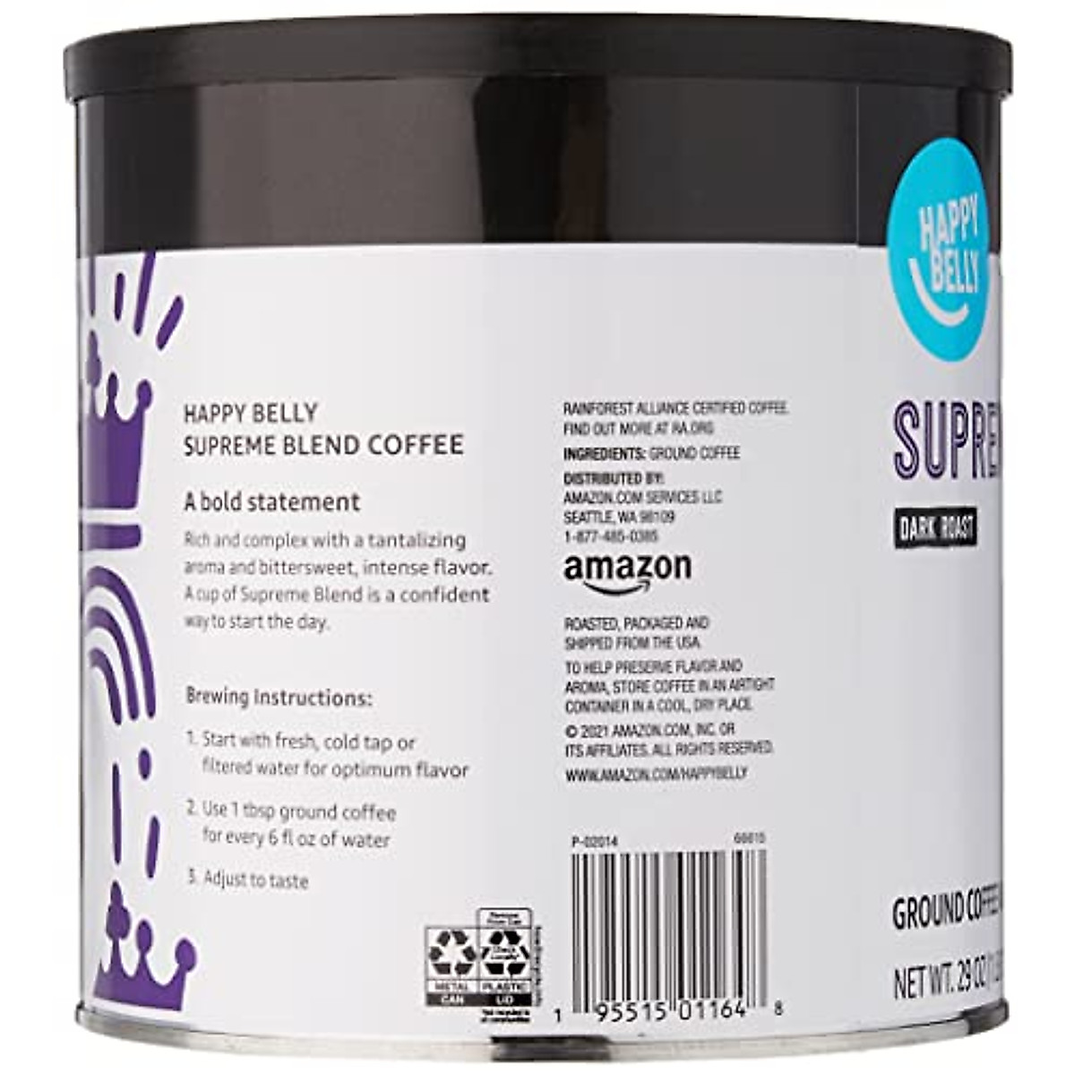 Amazon Brand - Happy Belly Supreme Blend Canister Coffee, Dark Roast, 29 Ounce