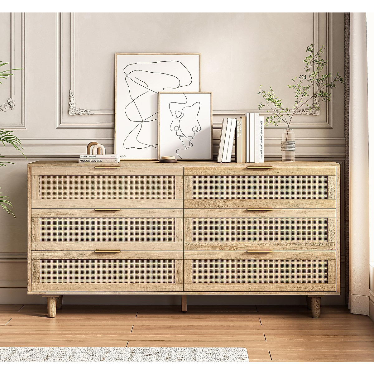 6 Drawer Double Dresser for Bedroom,Natural Rattan Modern Drawer Chest,Wooden Storage Wardrobe Dresser with Gold Handles,Floor Standing Storage Cabinet, for Entrance,Living Room,Hallway-Natural