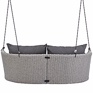 51.9” 2 Person PE Wicker Porch Swing Chair, Rattan Woven Swing Chair Hanging Seat with Adjustable Rope, Porch Swing Hanging Patio Bench with Comfortable Cushion (Gray Wicker and Light Gray Cushion)