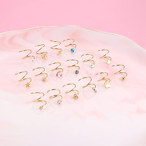 FASACCO Double Nose Ring Hoop for Single Piercing 20 Gauge Stainless Steel Nose Hoop Spiral Star Pearl CZ Butterfly Twist Nose Ring Hoops Double Hoop Earrings for Women Gold Tone