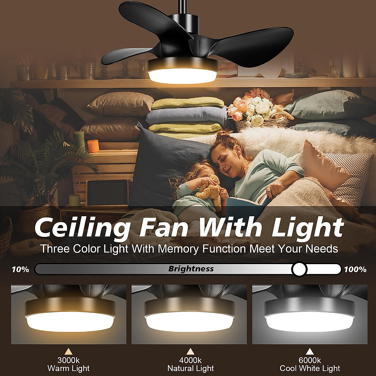 Black Ceiling Fans with Lights and Remote, 25 Inch Indoor Outdoor Dimmable Ceiling Fans with Light, 3 Blades Modern Ceiling Fan Light with DC Motor for Bedroom, Living Room, Kitchen, Office