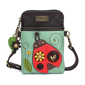 CHALA Cell Phone Crossbody Purse-Women PU Leather/Canvas Multicolor Handbag with Adjustable Strap - Ladybug - teal