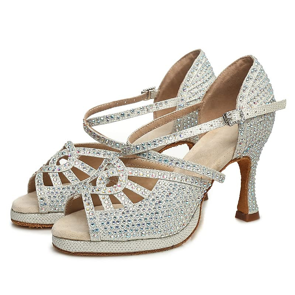 AOQUNFS Rhinestones Latin Dance Shoes Salsa Ballroom Practice Perfermence Dance Shoes for Women, Silver-L458-7.5,US7