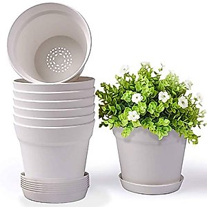 homenote Pots for Plants, 8 Pcs 7.5 inch Plastic Planters with Multiple Drainage Holes and Tray - Plant Pots for All Home Garden Flowers Succulents, Cream White