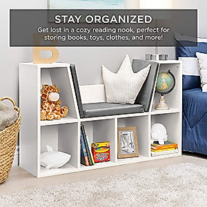 Best Choice Products 6-Cubby Kids Bedroom Storage Organizer, Multi-Purpose Bookcases, Shelf Furniture Decoration w/Cushioned Reading Nook - White