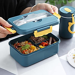 Jossens Bento Box Set,1100ML Leakproof Lunch Box Kit With Utensils,Breakfast Cup and Lunch Bag,3 Compartment Microwave Lunch Containers,BPA Free(Blue)