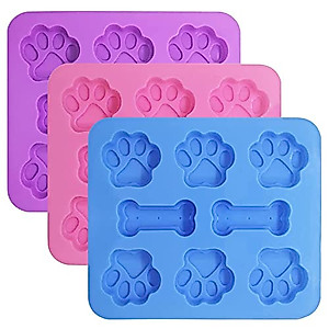 Puppy paw bone silicone mold, baking mold, used for jelly, candy, chocolate, ice cube, can bake dog snack biscuits (pink, blue, purple) three-piece set