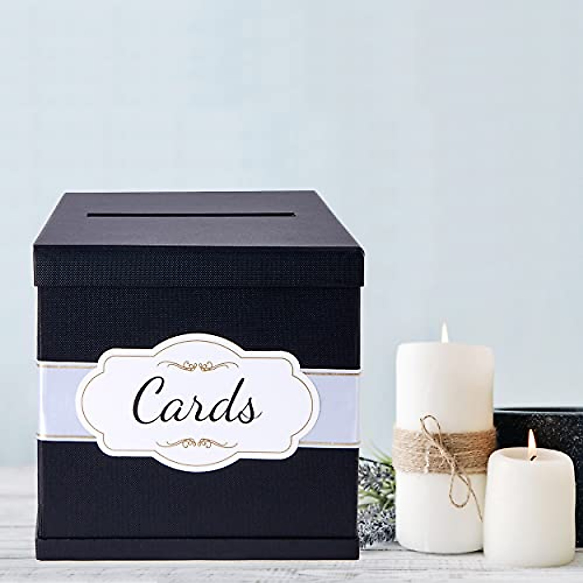 Black Gift Card Box - White & Gold Satin Ribbon & Cards Label 10"x10" Large - Memory Box for Funerals or Graduations, Box for Wedding Receptions Birthdays or Baby Showers