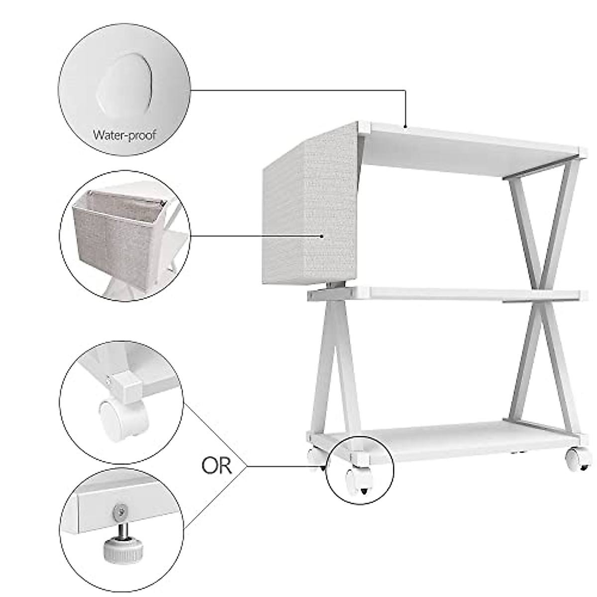 VEDECASA White Mobile Printer Stand 3 Tier Wood Shelf Metal Frame Printer Cart with Storage Bag for Home Office Modern Under Desk Table Side Printer Cart with Rolling Caster Wheel (White)