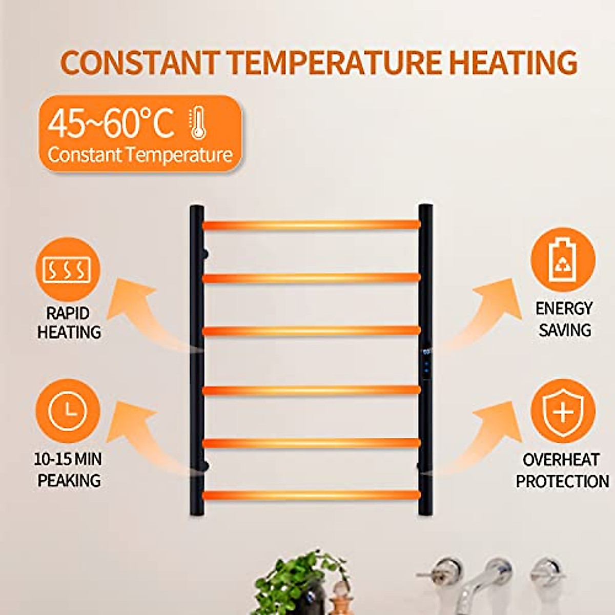 MAVENCOOL Heated Towel Warmer Rack, 6 Bars Wall Mounted Electric Towel Warmer for Bathroom, Plug-in Towel Drying Rack, Matte Black Stainless Steel Hot Towel Rack with Timer and LED Indicator