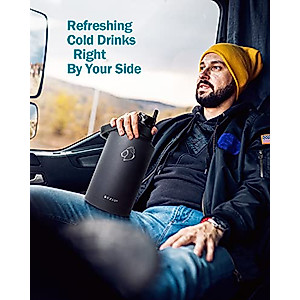 BUZIO Insulated Gallon Water Bottle with Straw Lid and Carrying Sleeve, 128oz Stainless Steel Water Jug with Two Stainless Steel Cups, Hot Cold Metal Canteen Water Flask, Black