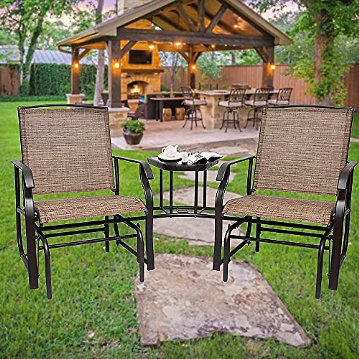HSQQ 3 in 1 L Porch Glider Loveseat Outdoor Patio Swing Glider Chair 2-Person Outdoor Sling Fabric Double Glider Rocker Chair, Coffee Table with Umbrella Hole for Garden, Porch, Backyard, Beige