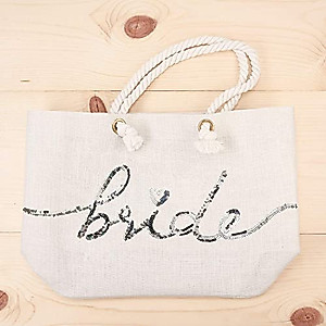 ELEGANTPARK Bridal Shower Gifts for Bride Tote Large Bride Bag for Women Bride Gifts for Engagement Wedding Party Honeymoon Beach Bag Jute Silver Sequin Interior Pocket