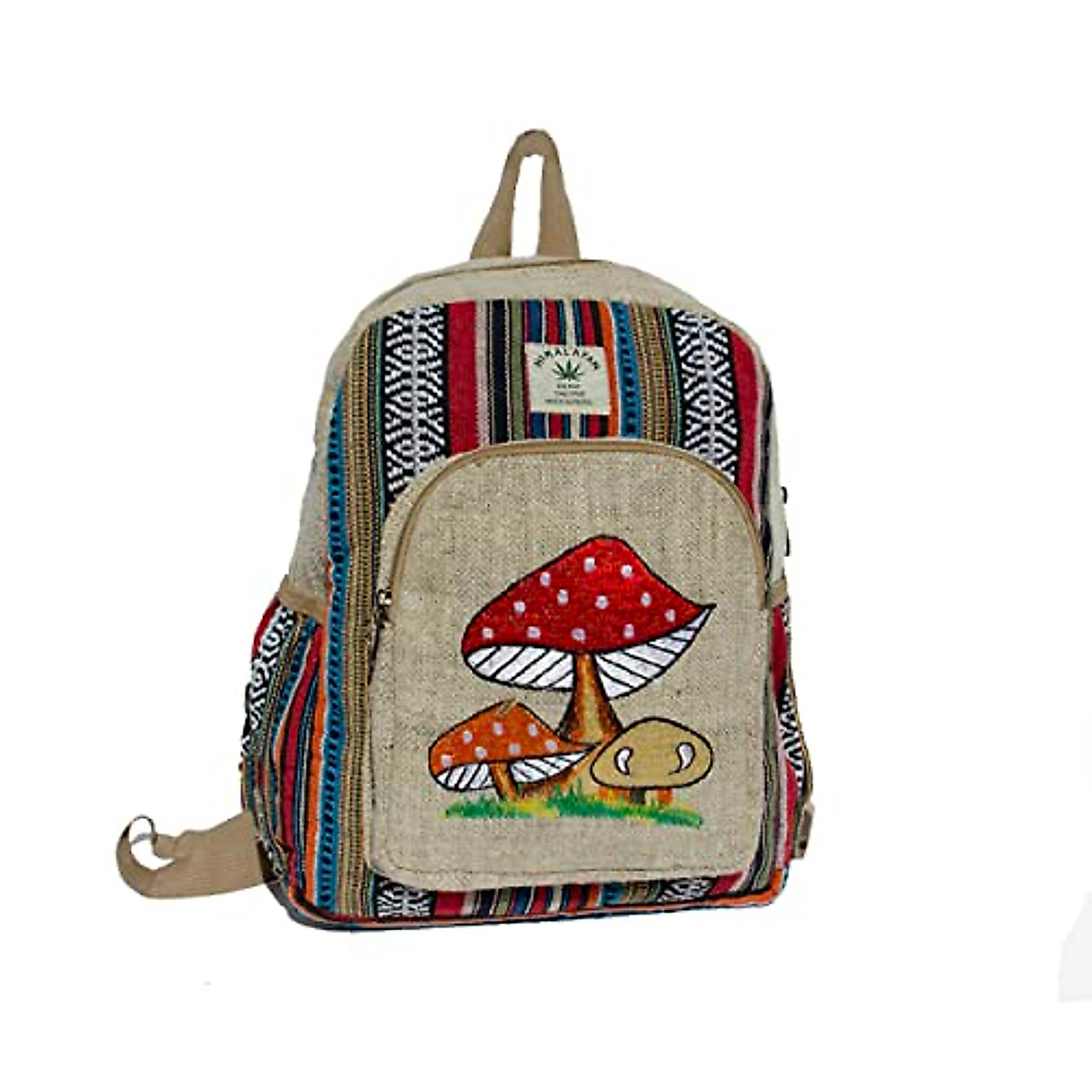 Handmade Marijuana Backpack Red Mushroom Psychedelics Shroom Backpack | Made in Nepal Travel Backpack with Water Bottle Pockets | Hemp Cotton Backpack - Small Mini Backpack