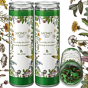 MTLEE 2 Pcs Money Scented Spell Candles Soy Herbal Money Candle with Herbs and Essential Oils Green Cash Candle for Wealth Abundance Prosperity Ritual Getting a Cash Flow Boost