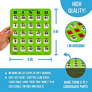 Regal Bingo Bingo Game Set for Adults and Kids - 25 Bingo Cards with Sliding Windows, Reusable & Large Bingo Cards, 1 Master Board - Fun Family Bingo Game Night - No Chips & Daubers Needed - Green