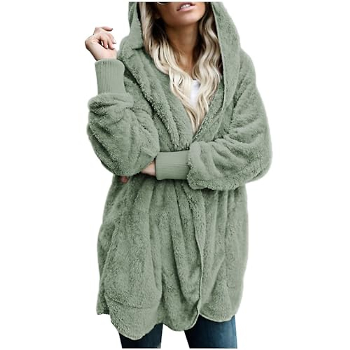 Ceboyel Womens Fleece Teddy Coats 2023 Trendy Hooded Winter Jacket Shaggy Faux Sherpa Cardigans Fashion Warm Clothessherpa Jacket Mint Green L