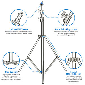Neewer 118"/3m Stainless Steel Light Stand, Spring Cushioned Heavy Duty Photography Tripod Stand with 1/4” to 3/8” Universal Screw Adapter for Strobe, LED Video Light, Ring Light, Monolight, Softbox