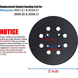 5 Inch 8 Hole Replacement Sander Pad for Milwaukee 6021-21, 6034-21 2648-20, 2648-21 Random Orbit Sanders - 5" Hook and Loop Sanding Pad for Part Number 51-36-7100