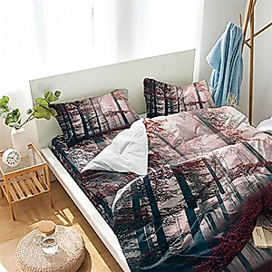 4 Piece Bedding Duvet Cover Set Aesthetic Forest Tree Red Leaves,Soft Bedspread Decorative Pillow Shams Microfiber Quilt Cover Nature Landscape,Washable Bed Sheet Comforter Set for Bedroom Hotel Twin