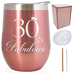 30 & Fabulous - 30th Birthday, Christmas, New Year Present for her-12 oz Rose Gold Stainless Steel Wine Tumbler/Coffee Cup/Mug/Glass w/Lid & Straw, Funny Sayings Idea for Women Sister Friend BFF Wife
