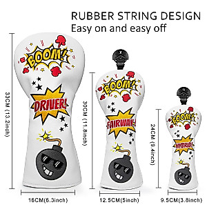 Funny Bomb Golf Driver Cover Fairway Wood Cover, Hybrid Covers Headcovers Set, White Leather Golf Club Covers for Driver and Woods for Men/Women Golfer