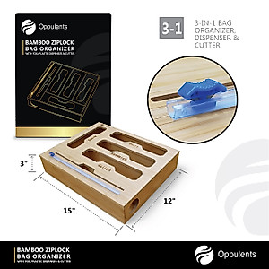 Oppulents Bamboo Ziplock Bag Storage Organizer for Kitchen Drawer with Foil/Plastic Dispenser and Cutter Suitable for Gallon, Quart, Sandwich & Snack Sizes Magnetic Closure Multipurpose Organizer